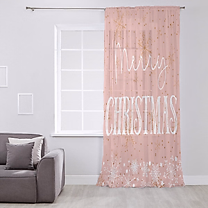 Merry Christmas Semi Sheer Curtains Drapes for Living Room, Bedroom, French Doors Window 96 Inches Long, Rod Pocket Chiffon Curtain Drapery Voile Draperies Panel Blush Pink Gold Winter Snowflake