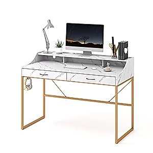 LINSY HOME Computer Desk with Drawers, 47-inch Writing Desk Study Table with Monitor Stand Riser for Home Office, White