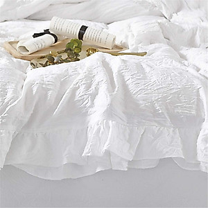 MOOWOO Ruffle Duvet Cover Set, Soft and Breathable Washed Microfiber 3pcs Bedding Set, Shabby Chic Farmhouse Duvet Cover and Pillow Shams, Zipper Closure & Corner Ties, Easy Care -(White, Queen)