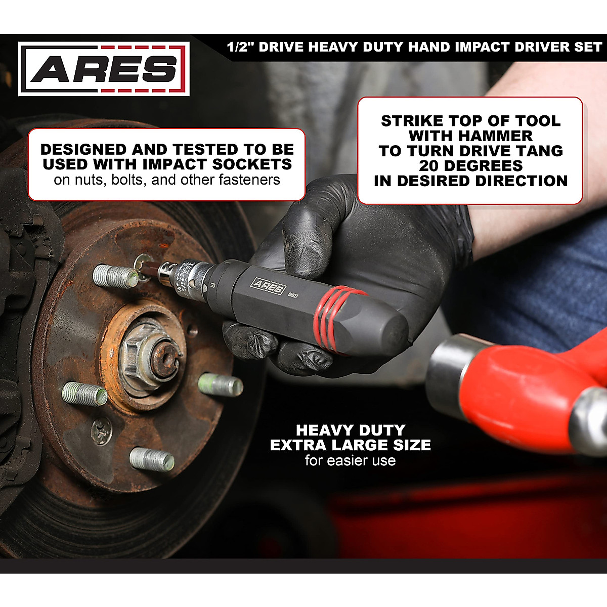 ARES 10027 – 1/2-Inch Drive Heavy Duty Hex Grip Impact Driver – 1/4-Inch & 5/16-Inch Bit Chucks – S2 Bits – Slotted 3/16, 1/4, 5/16, 3/8 Inch Bits – Phillips PH1, PH2, & PH3 Bits - T20, T25 Bits