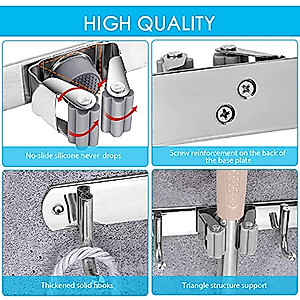 Yanvsvda Mop and Broom Holder Wall Mount Heavy Duty Stainless Steel Tool Organizer with 3Rocks and 4Hooks for Home,Kitchen,Bathroom,Garage,Garden,Laundry Room (1 Pack)