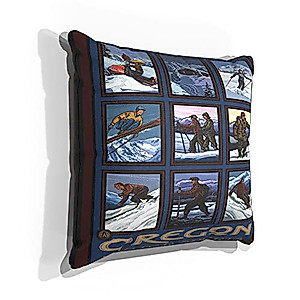 Oregon Winter Sports Collage Canvas Throw Pillow for Couch or Sofa at Home & Office from Travel Artwork by Artist Paul A. Lanquist 18" x 18".