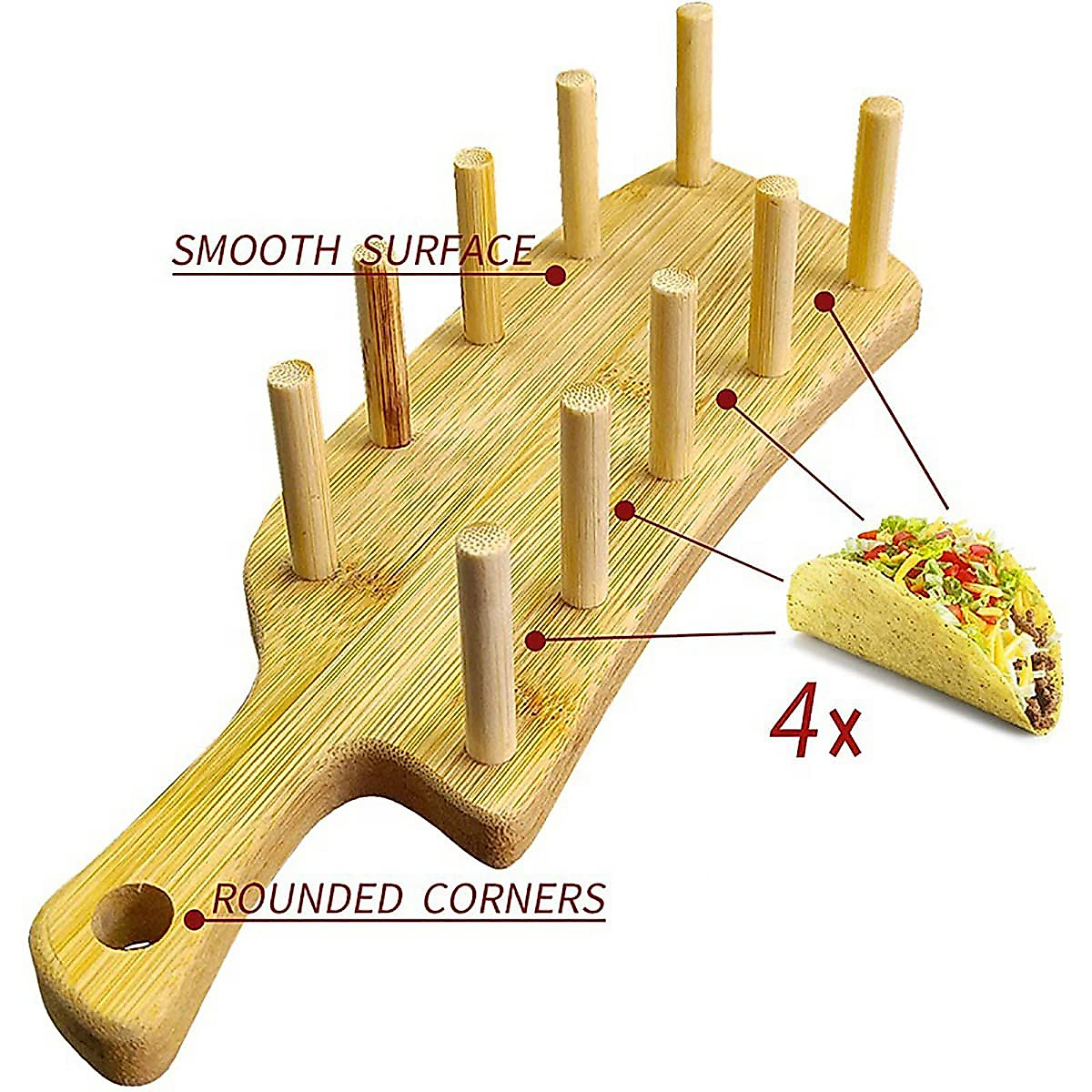 YYRZZ Taco Holders Stand, Natural Bamboo Taco Plates Rack Holds 8 Soft or Hard Shell, Wooden Taco Tray for a Party, Tortillas, Burritos, Home, Parties (2)