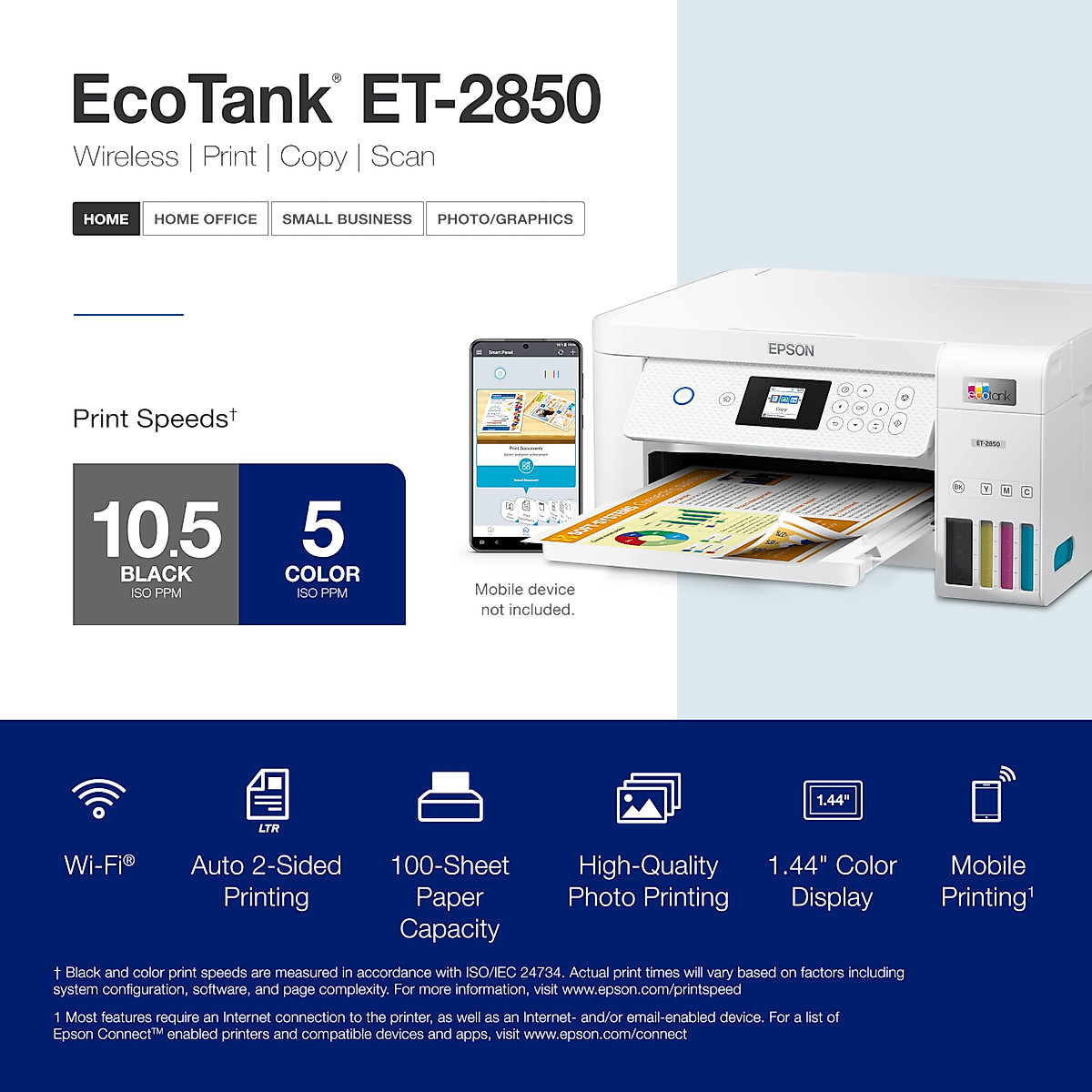 Epson EcoTank ET-2850 Wireless Color All-in-One Cartridge-Free Supertank Printer with Scan, Copy and Auto 2-Sided Printing. Full 1-Year Limited Warranty - White (Renewed Premium)