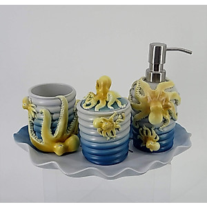 YHHRESINKING Resin Octopus Mother and Baby Cotton Canister, Beach, Bathroom Accessory,Ocean Theme Octopus Family Bathroom Decor,Coastal Decor (OCEAN BLUE)