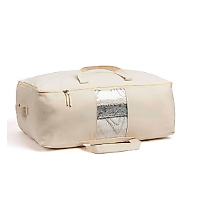 Soft Canvas Storage Bags with Zipper. Thick Breathable, 1pc King/Queen Comforter Organizer. Four Carrying Handles and Window. Large 25x19x9in Bag for Sheets Blankets Bedding Pillows, Clothes