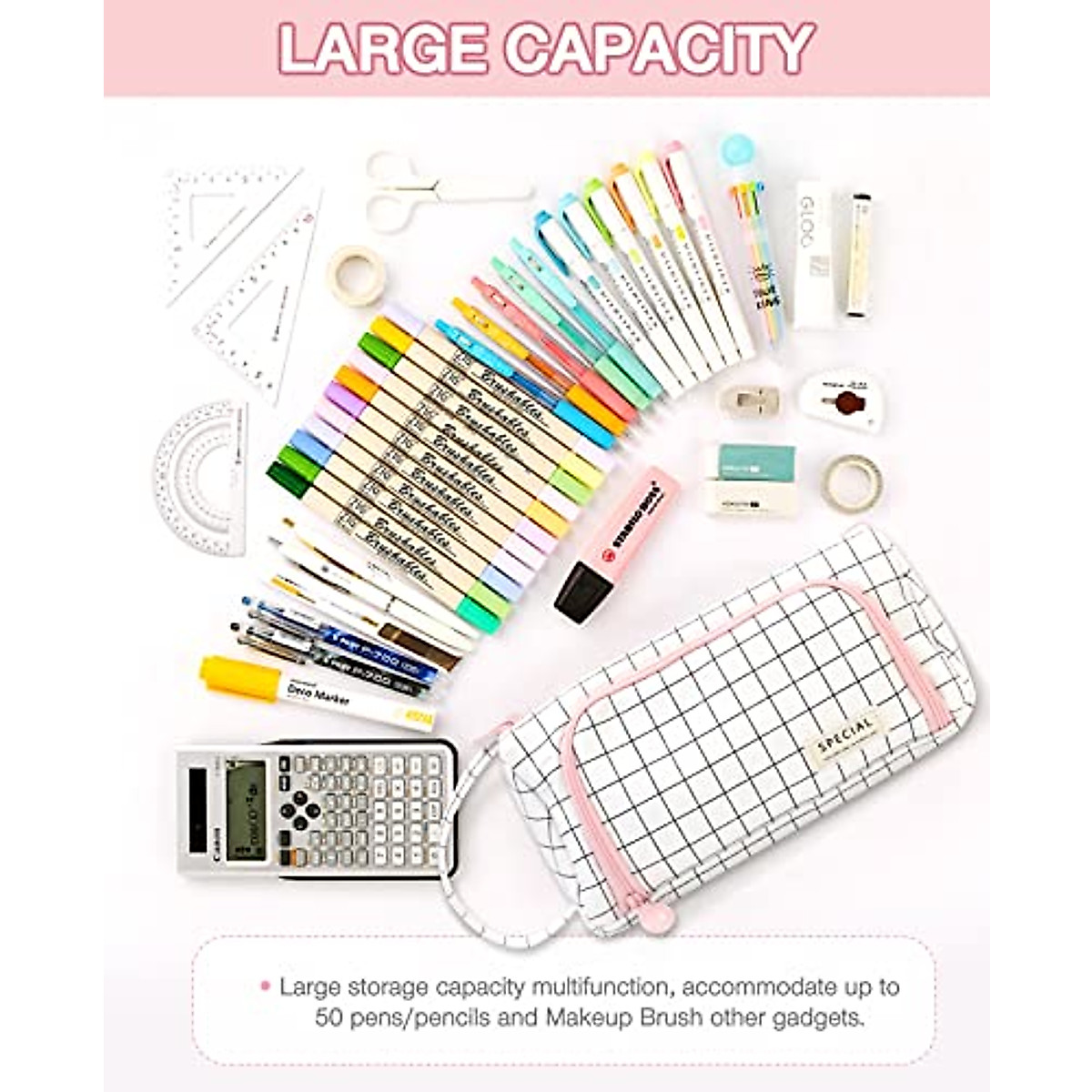 Large Capacity Pencil Case Pen Bag, Pencil Bag Stationery Storage Pencil Pouch, Handheld Makeup Pouch Holder Multi-Compartment Organizer College School Office Supplies for Teen Christams Gift(Grid)