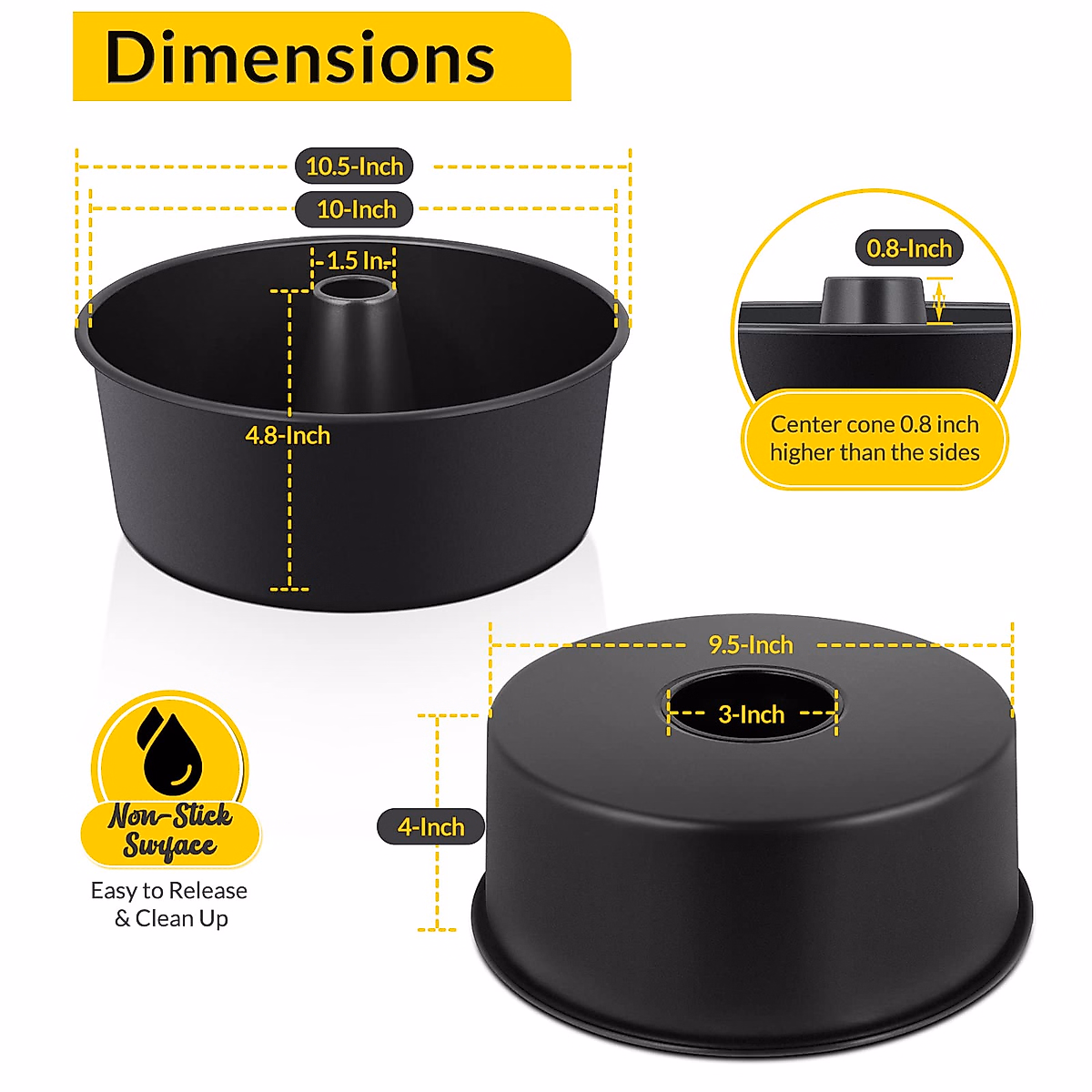 E-far Angel Food Cake Pan, 10-Inch Non-stick Tube Pan for Baking Pound Chiffon Cake, One-piece Design, Easy Release & Clean