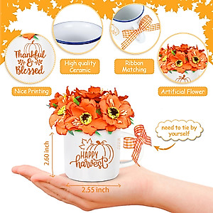 3PCS Mini Coffee Mug with Artificial Flowers for Fall/Thanksgiving Tiered Tray Decor - Autumn Pumpkin Ceramic Fall Decorations for Home Fall Decor Farmhouse Table Centerpiece Warming Gifts New Home
