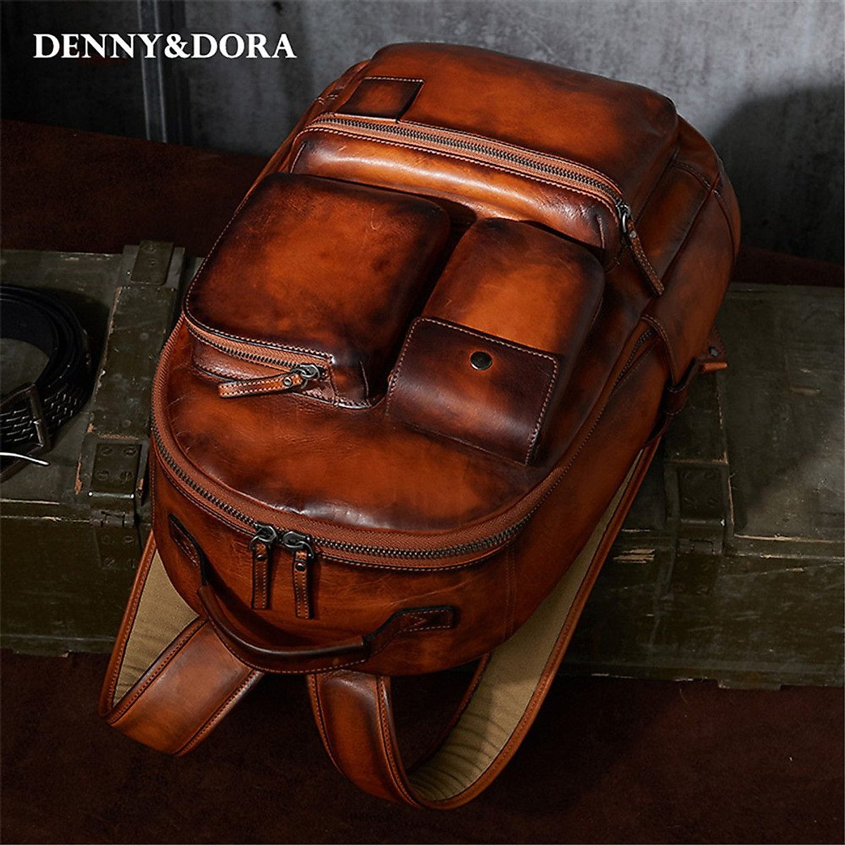 Denny&Dora Genuine Leather Backpack Luxury Vintage Laptop Bag Multi Pockets Bookbag Mens Casual Travel Daypack Large Capacity (Brown)