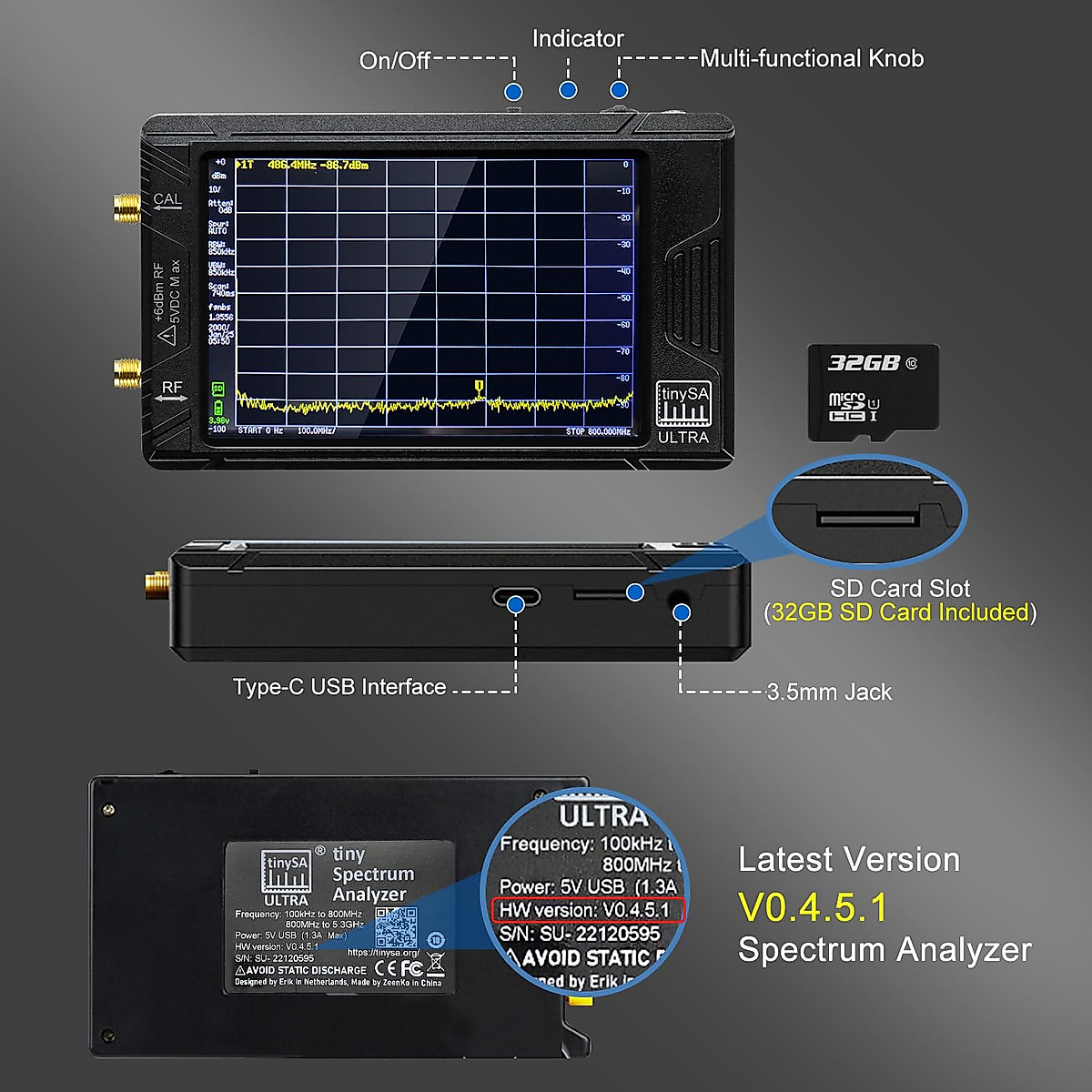 4Inch TinySA Ultra Spectrum Analyzer 100kHz-5.3GHz,V0.4.5.1 Portable Tiny Frequency Analyzer with 32GB SD Card & 3000mAh Battery, 2-in-1 RF Signal Generator RBW LNA DANL Phase Noise