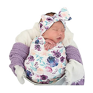 Terriboo Newborn Floral Print Blanket Baby Stretch Wrap Swaddle Blanket Receiving Blanket with Matching Headband and Beanie