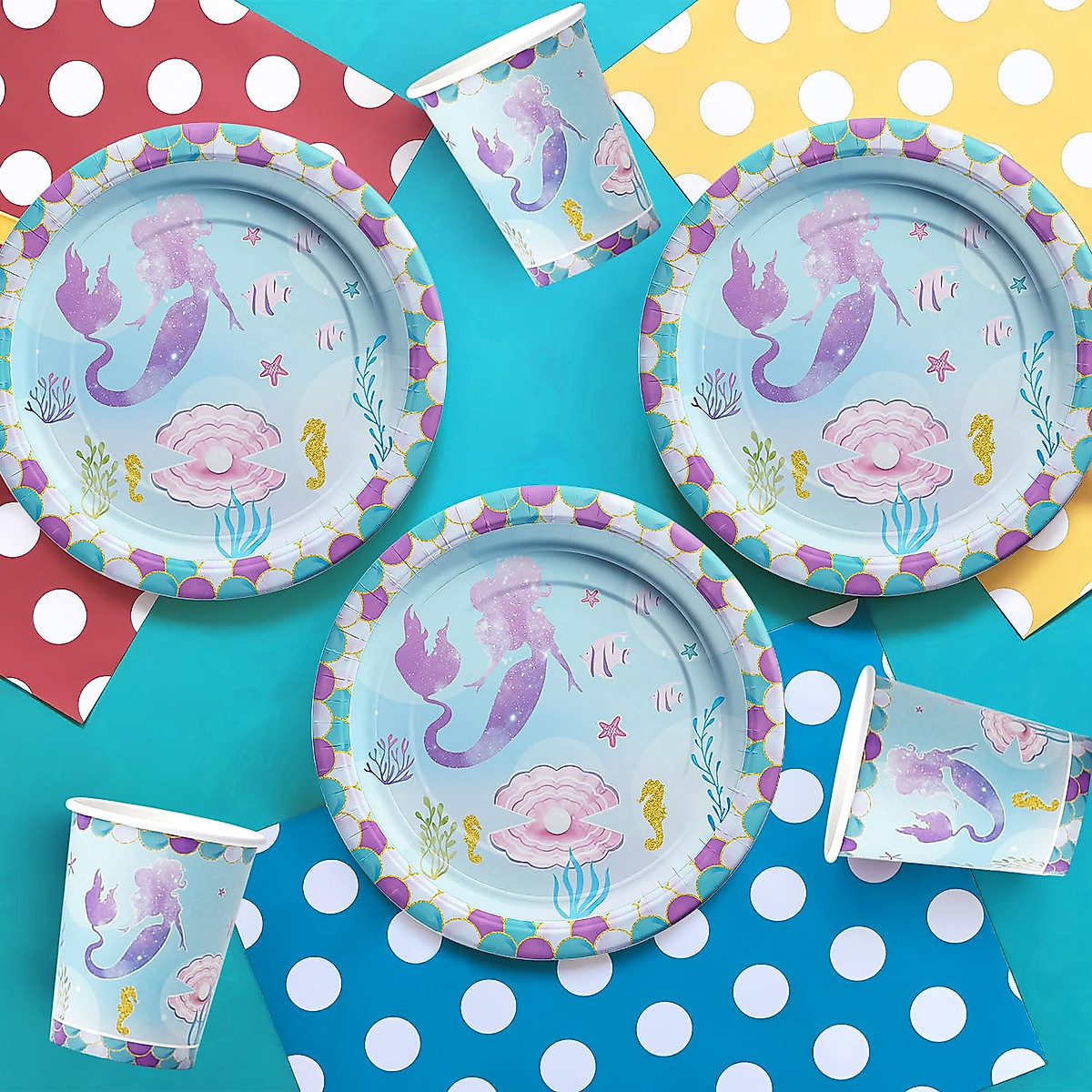 NAIWOXI Mermaid Birthday Decorations Tableware Girls - Mermaid Birthday Party Supplies, Paper Plates, Napkins, Cups, Cutlery, Little Mermaid Party Decorations For Baby Shower Birthday | Serve 24