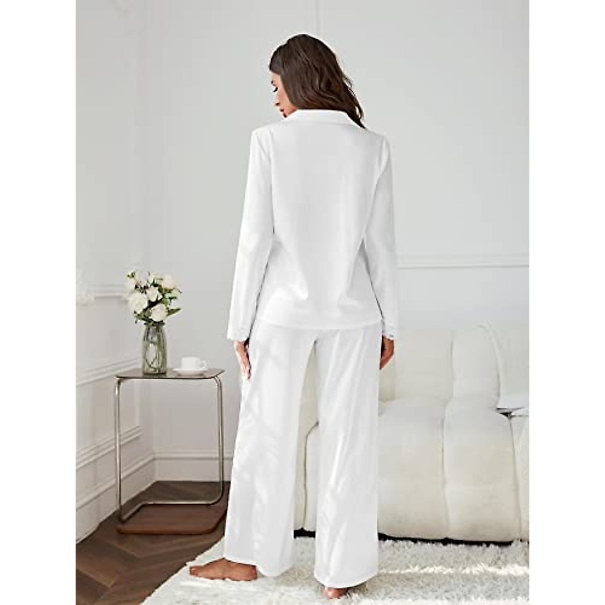 OYOANGLE Women's 2 Piece Silk Satin Pajama Set Long Sleeve Lace Button Down Shirt and Pants Sleepwear White L