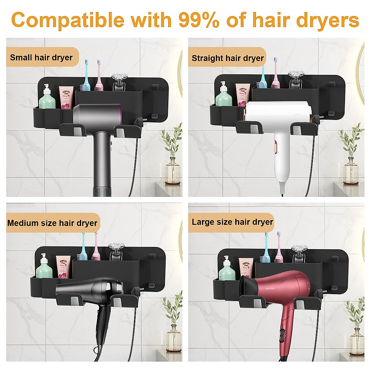 GWSNIO Hair Dryer Holder Wall Mounted, Self-Adhesive Blow Dryer Rack Removable Hair Tool Organizer with Plug Hook, Multi-Functional Hair Care Styling Tool Storage Basket for Bathroom