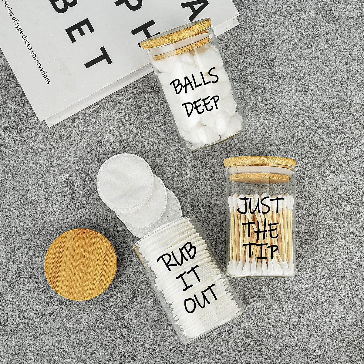 Glass Qtip Holder Dispenser Apothecary Jars, Storage Container with Bamboo Lid and Label, Bathroom Countertop Organizer for Cotton Swabs, Balls, Cotton Pad, Floss & More - Set of 3