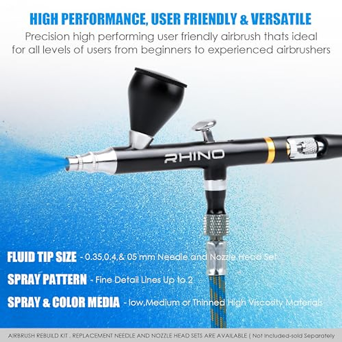 Rhinowisdom Airbrush Kit - Airbrush Gun Set Dual-Action Gravity Feed with 0.35, 0.4 & 0.5mm Needle Sets - Air Brush Set with 2 1/3 oz Replacement Cups for Nails Model Painting Cake Tattoo Makeup
