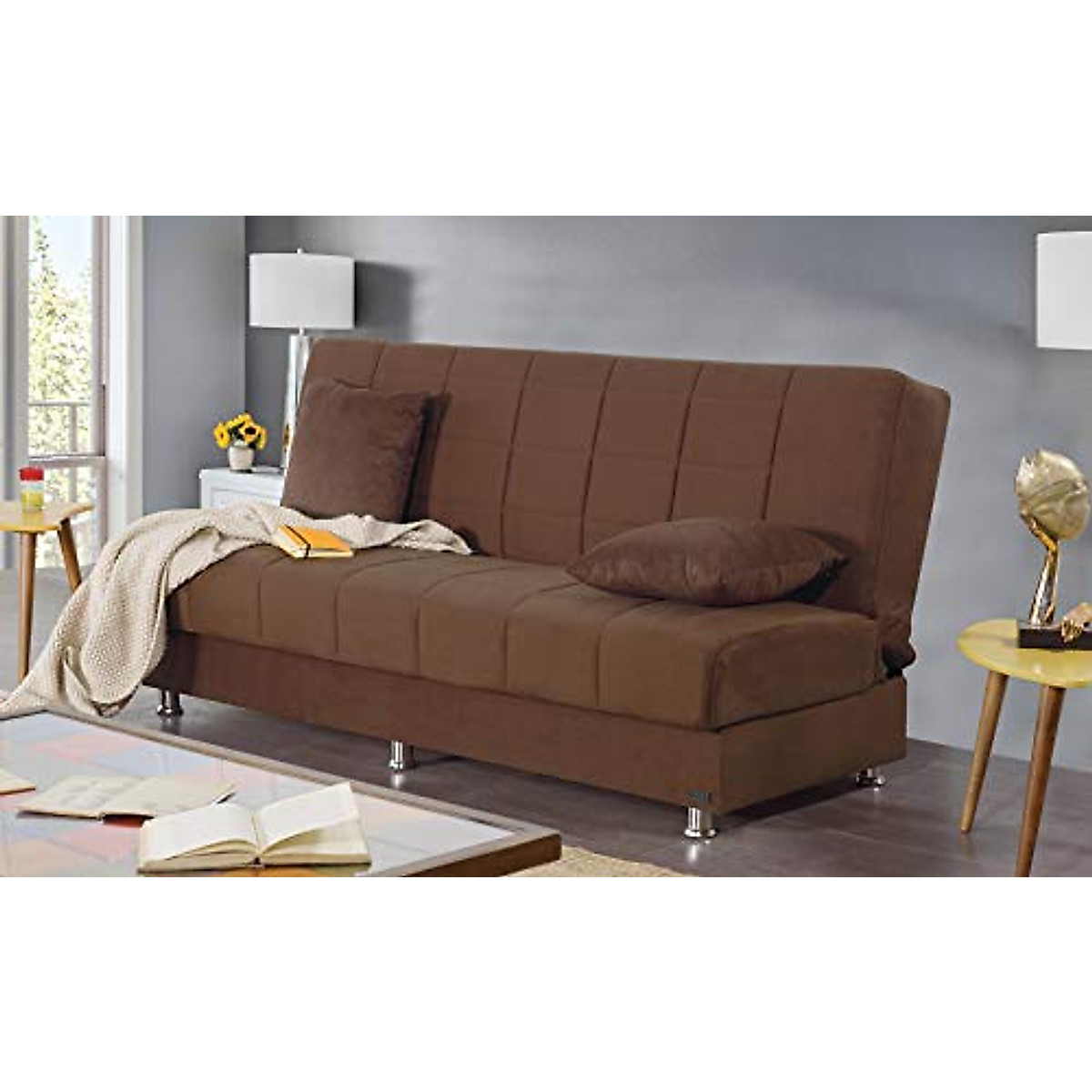 BEYAN Hamilton Collection Modern Armless Convertible Sofa Bed with Storage Space, Includes 2 Pillows, Dark Brown