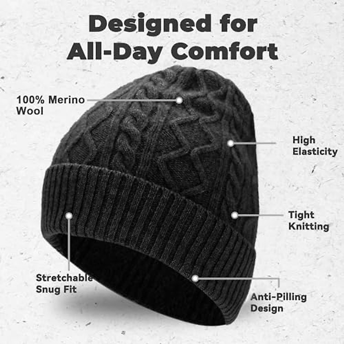 XXL Oversized 100% Merino Wool Beanie Hat for Men & Women, Extra Large Warm Winter Cap for Big Heads, Stretchy Knitted Cap