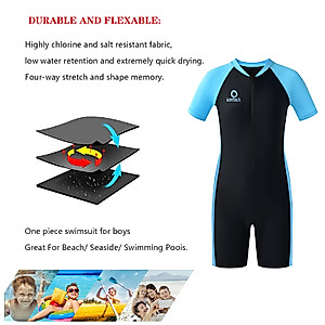 karrack Girls and Boys One Piece Rash Guard Swimsuit Kid Water Sport Short Swimsuit UPF 50+ Sun Protection Bathing Suits Black- Blue (Size 8-10Years)