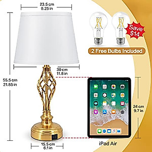 Wiomonrew Touch Table Bedside Lamps Set of 2, 3-Way Dimmable Nightstand Lamps with USB Type-C Ports, 22.64 inch Tall Bedside Nightstand Lamp Traditional Desk Lamp (Gold)