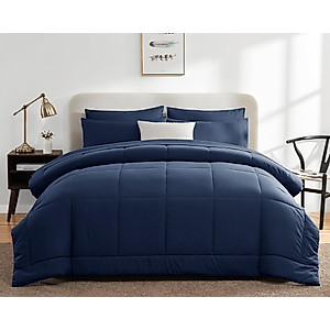 CozyLux Navy Blue Bed in a Bag - 7 Piece Comforter Set, Quilted Comforter (Queen), All Season, Flat & Fitted Sheets, Pillowcases