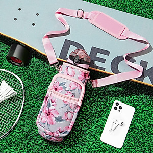 Fimibuke 32 oz Water Bottle with Sleeve - BPA Free Leakproof Sport Large 1L Plastic Motivational Water Bottle with Straw Strap Insulated Neoprene Holder Carrier Bag for Women Men (A4.Peach Blossom)