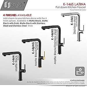 STYLISH Modern Kitchen Sink Faucet Single Handle Pull Down Dual Mode 100% Solid Stainless Steel Brushed Stainless Steel Finish, K-146S