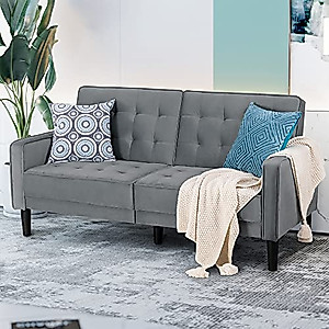 Walsunny Modern loveseat Couch, Mid-Century Velvet Upholstered Futon Sofa Bed, Fold Up/Down Adjustable Sleeper Sofa for Living Room, Bedroom, Apartment(Grey)