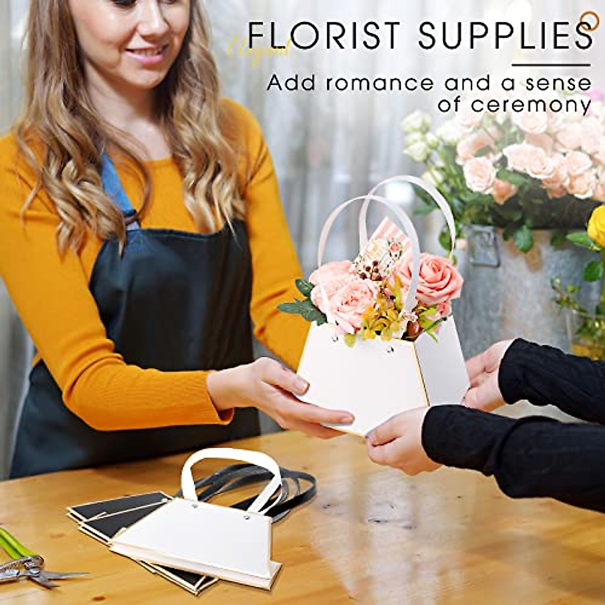 12 Pcs Craft Paper Flower Gift Bags Portable Bouquet Bags Box with Handle Waterproof Bouquet Gift Box Flowers Trapezoidal Florist Packaging Wrap for Valentine's Day Mother's Day (Black, White)
