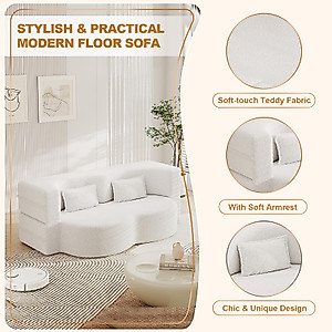 78" W Folding Sofa Bed, Modern Convertible Sofa Couch with Two Pillows, 15" H Full Size Sofa Sleeper Couch, Teddy Cloud Sofa with Foam Filled, No Assembly Required, for Living Room, Apartment - Beige