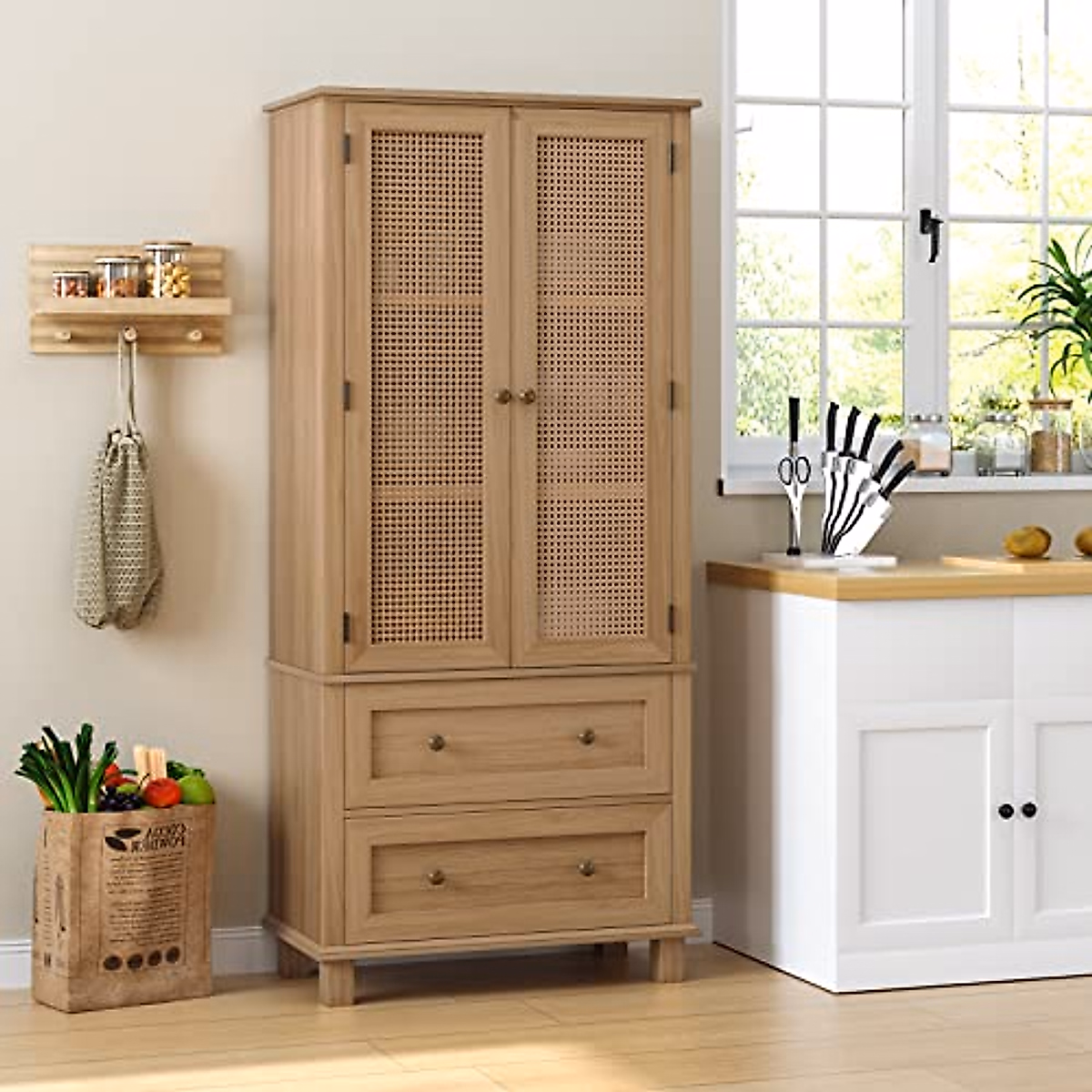 FOTOSOK Kitchen Pantry Storage Cabinet, Tall Cabinet with Rattan Doors and 2 Drawers, Freestanding Cupboard with Adjustable Shelves, Utility Pantry for Kitchen, Dining Room,Walnut
