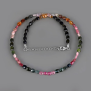 Women Necklace - Multi Tourmaline Gemstone Beaded Dainty Necklace Faceted Handmade Multicolor Natural Chain Necklace For Women (50 Cm)