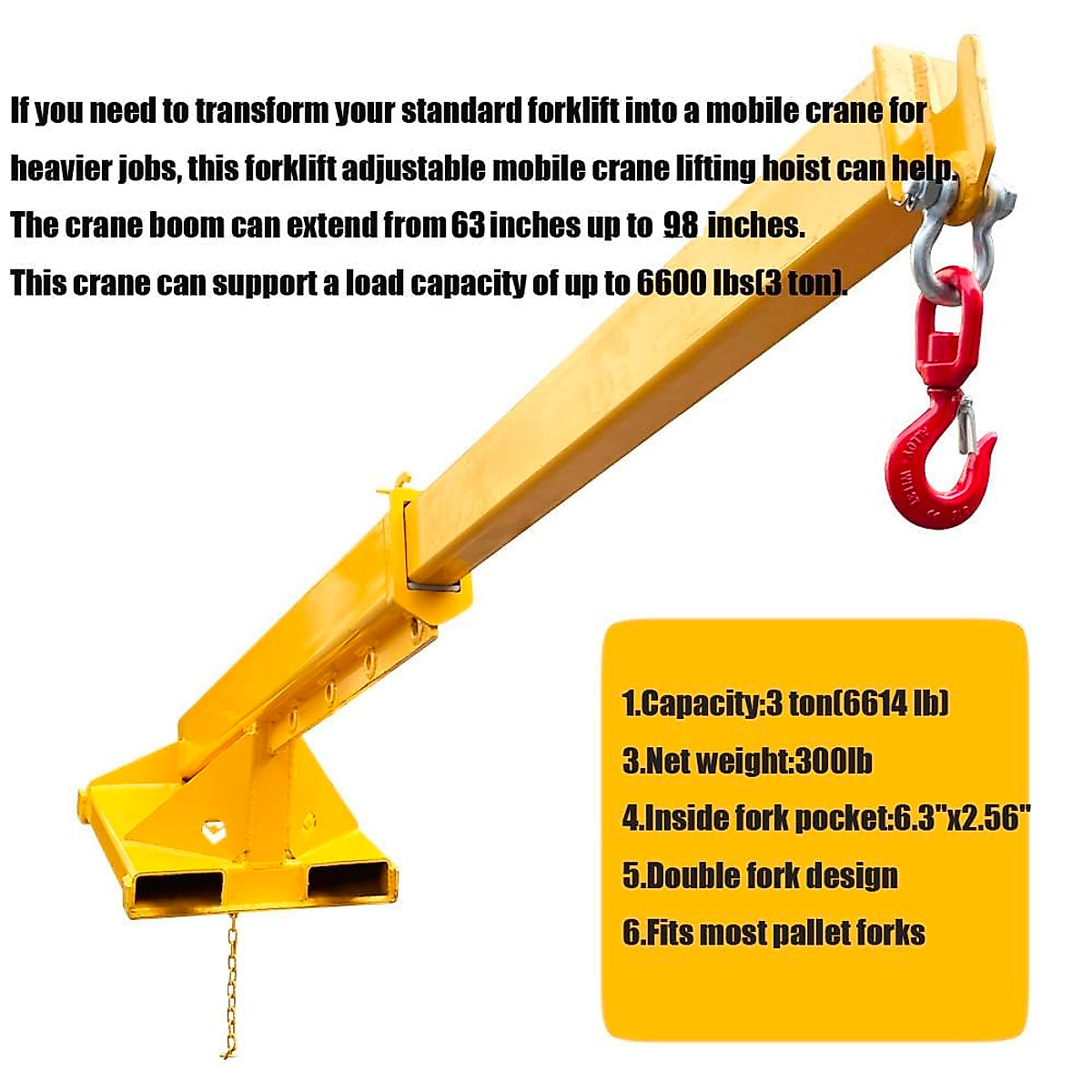 BREVELTION 6600LB Forklift Mobile Crane, Lifting Forklift Extension Attachments Jib Boom Crane, W/Telescopic Boom 63"-98", for Forklift Towing Handling