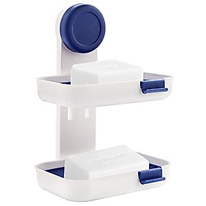 MOVNO Double Layer Soap Dish Soap Holder for Shower Wall, Sponge and Bar Soap Holder Saver for Bathroom Gadgets, Soap Container with Draining Tray Soap Case for Bathroom and Kitchen（Blue）