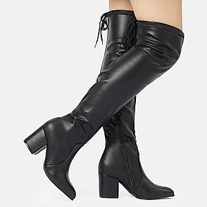DREAM PAIRS Women's Black Pu Thigh High Boots Over The Knee Stretch Leather Cute Block Heel Fashion Long Boots Size 10 M US Gracie-2