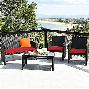Tangkula Patio Wicker Conversation Furniture Set, Patiojoy Sofa & Table Set w/4 Seats, Outdoor Rattan Sofa Set for Balcony Backyard, Wicker Chair Set with Tempered Glass Coffee Table (1, Red)