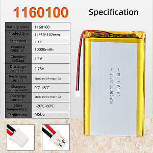 AKZYTUE 3.7V LiPo Battery 1160100 10000mAh Lithium Rechargeable Battery with PH2.0mm JST Connector for Raspberry Pi UPS Board