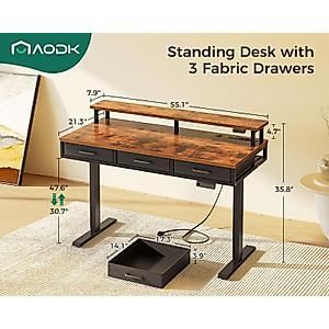 AODK Electric Standing Desk with Drawers, 55 Inch Height Adjustable Gaming Desk with Power Outlets & LED Lights, Sit Stand Table with Monitor Stand for Home, Office, Workstation, Rustic Brown