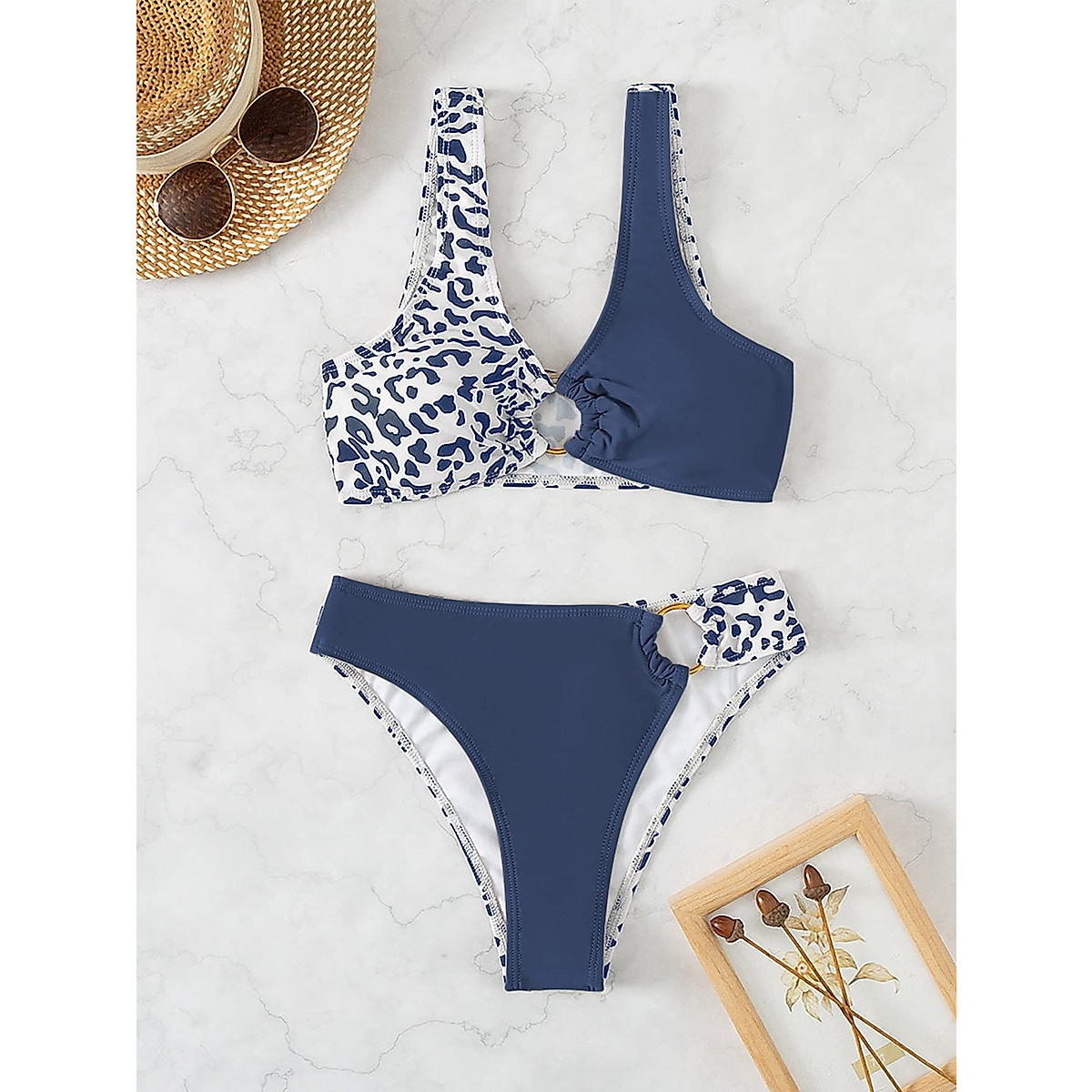 SOLY HUX Women's 2 Piece Swimsuit Color Block Leopard Print Ring Linked Bikini Set Bathing Suits Blue and White Leopard S