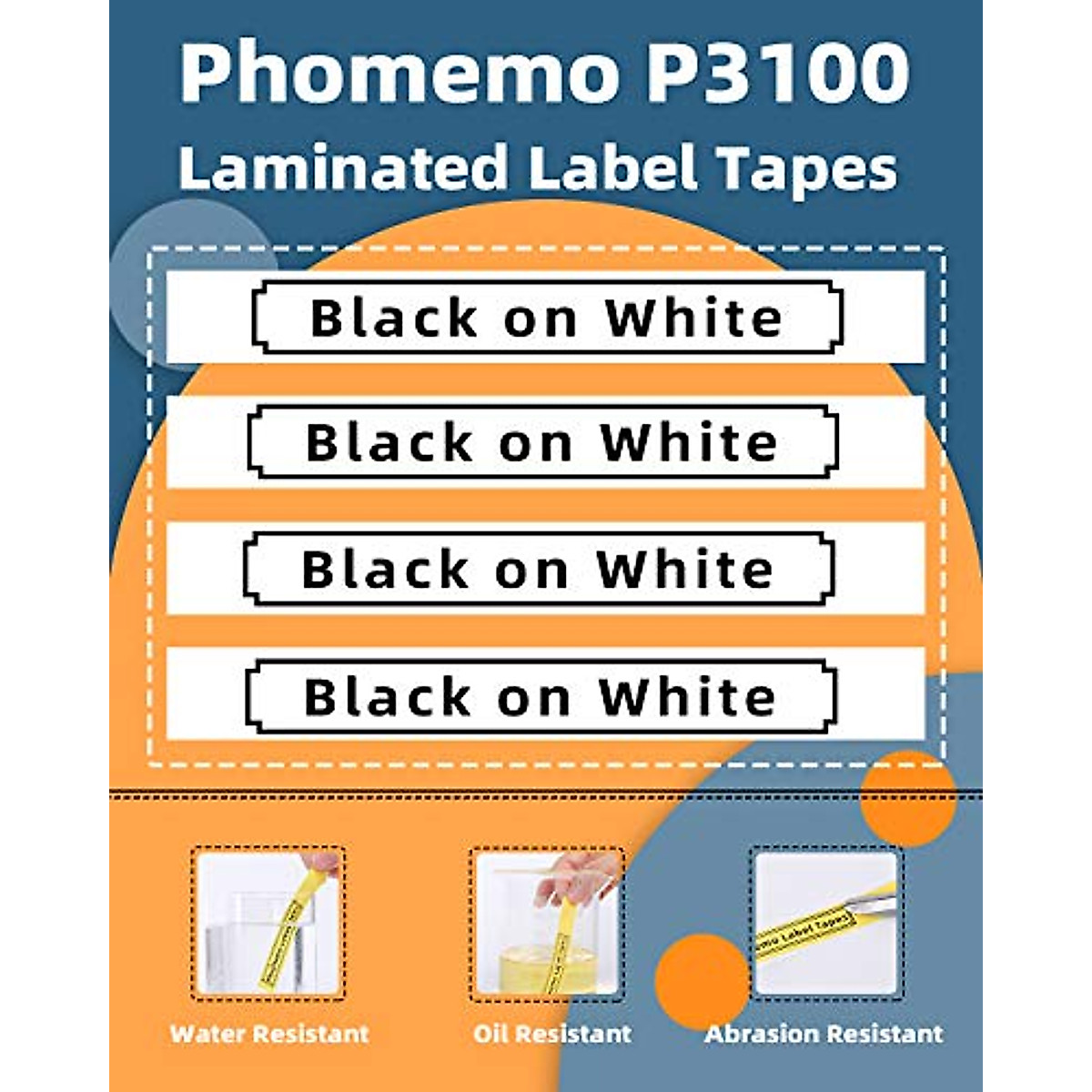 Phomemo P3100 Laminated Label Tape- Phomemo Compatible Label Tape Replacement for Brother Ptouch Label Maker Tape for PT-D210 PT-H100 D600, 4pcs Black on White Label Tape 12mm (1/2 Inch) x 8m