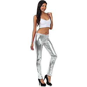 Sakkas Footless Liquid Wet Look Metallic Stretch Leggings - Silver/Medium