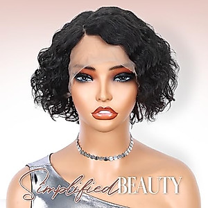 WIGER Short Lace Front Wigs Human Hair for Women Short Curly Bob Wig Black Wavy Lace Wig Black Pixie Cut Wig Brazilian Virgin Human Hair Curly Wigs 180% Density Side Part