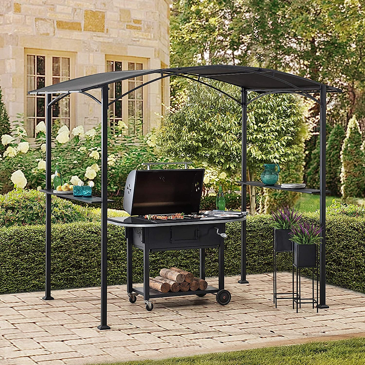 Sunjoy Grill Gazebo 5 ft. x 8 ft. Black Steel Frame Soft Top Gazebo with Arch Canopy with Shelves for Outdoor, Patio, Garden, Backyard Activities