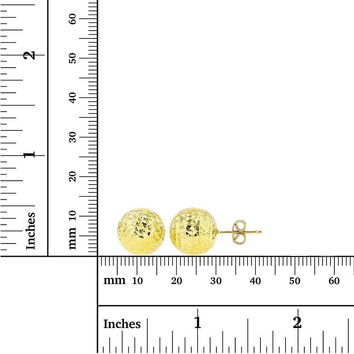 Solid 14K Yellow Gold Diamond Cut Ball Stud Earrings With 14K Gold Backs, 12mm