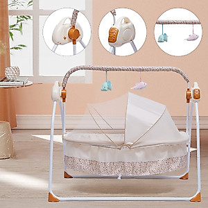 LOYALHEARTDY Baby Cradle Swing 5 Speed Electric Stand Crib Auto Rocking Chair Bed with Remote Control Infant Musical Sleeping Basket for 0-18 Months Newborn Babies, Mosquito Net+Mat+Pillow (Khaki)