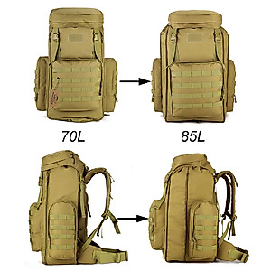 ArcEnCiel Hiking Daypacks 70-85L Tactical Travel Backpack MOLLE Rucksack Large Capacity Outdoor Bag for Travelling Trekking Camping Hunting - Rain Cover Included (Coyote Brown)