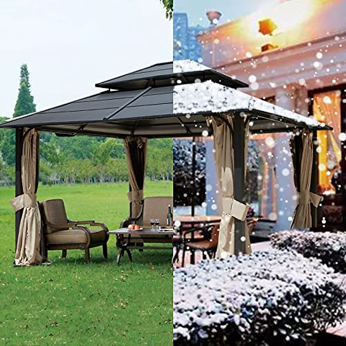 MELLCOM 12' x 14' Hardtop Gazebo, Iron Double Roof Gazebo with Curtains and Netting, Waterproof Canopy Gazebo with Anti-Rust Coating Frame for Patios, Gardens, Lawns, and Backyard