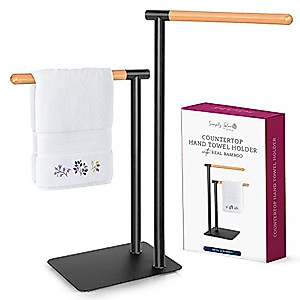 Black Hand Towel Stand for Countertop - Steel and Bamboo Hand Towel Holder for Bathroom Countertop, Double L-Shaped Black Hand Towel Holder for 2 Towels with Non-Slip Pads