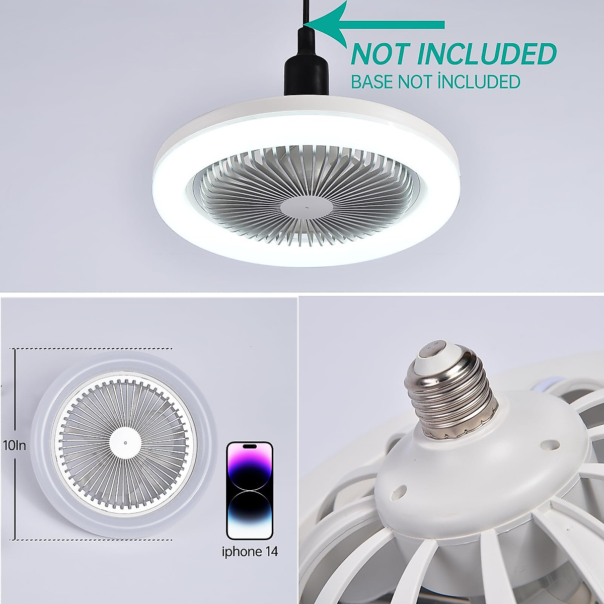 CICIYIG Small Ceiling Fan Indoor with Lights Bulb 10" E26 Screw Base Enclosed Ceiling Fan with Lights 30W Low Profile Ceiling Light Fan for Kitchen Garage RV Basement Socket Fan Light 6500K (White-1)